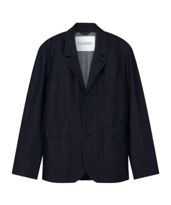 Closed Notch-lapel Patch-pocket Denim Jacket - Dark Blue