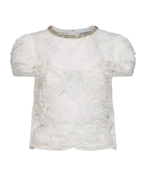 SELF-PORTRAIT Tulle Lace Top With Faux Pearl Trim - White