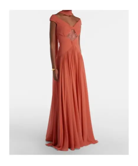 Elie Saab Gathered Silk Gown With Lace Trim