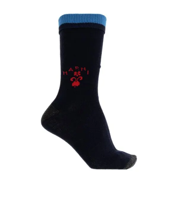 Marni Deep Blue Wool-cashmere Socks With Crest Logo