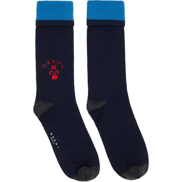 Marni Deep Blue Wool-cashmere Socks With Crest Logo
