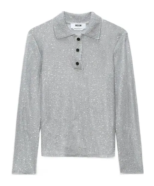MSGM Long Sleeve Sequin Embellished Knit Polo Top - Grey