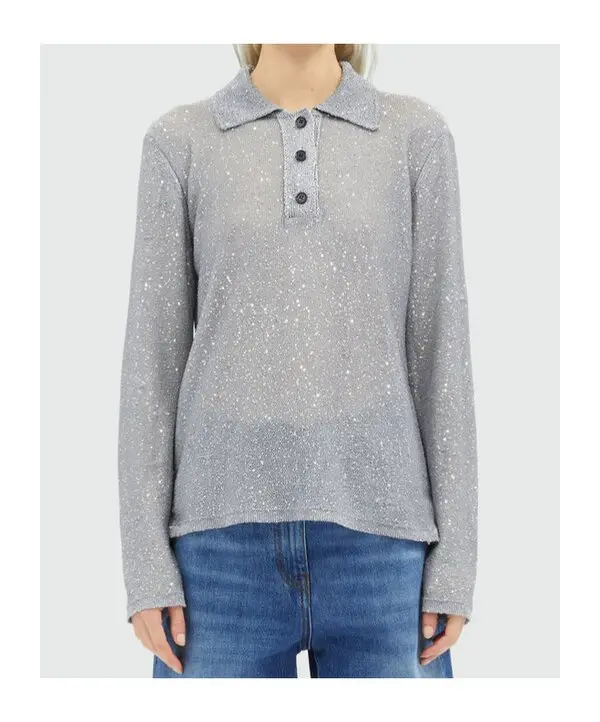 MSGM Long Sleeve Sequin Embellished Knit Polo Top