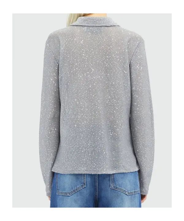 MSGM Long Sleeve Sequin Embellished Knit Polo Top
