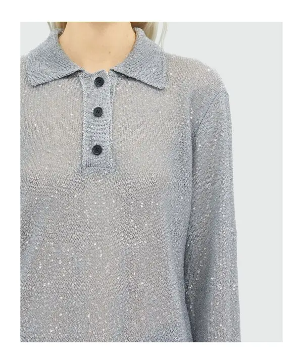 MSGM Long Sleeve Sequin Embellished Knit Polo Top