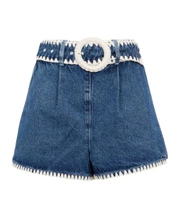 Farm Rio Crochet-trim Belted Denim Shorts - Blue