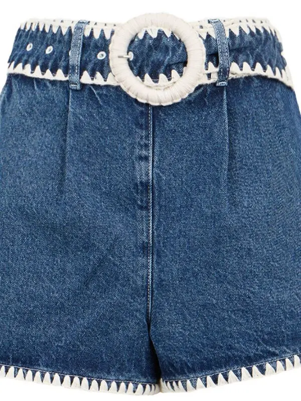 Farm Rio Crochet-trim Belted Denim Shorts