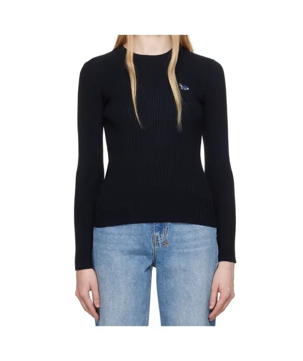 Maison Kitsuné Fine Ribbed Crewneck Sweater With Fox Patch - Black