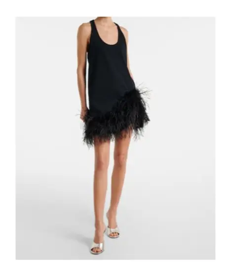 Attico Ribbed-knit Feather-trimmed Cotton Minidress