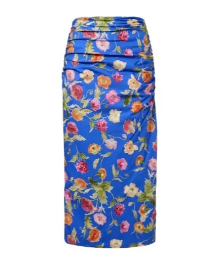 Carolina Herrera Floral Ruched Cotton-blend Midi Skirt - Blue