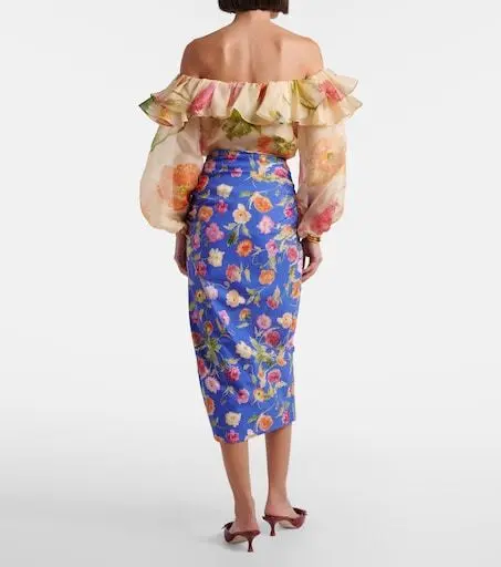 Carolina Herrera Floral Ruched Cotton-blend Midi Skirt