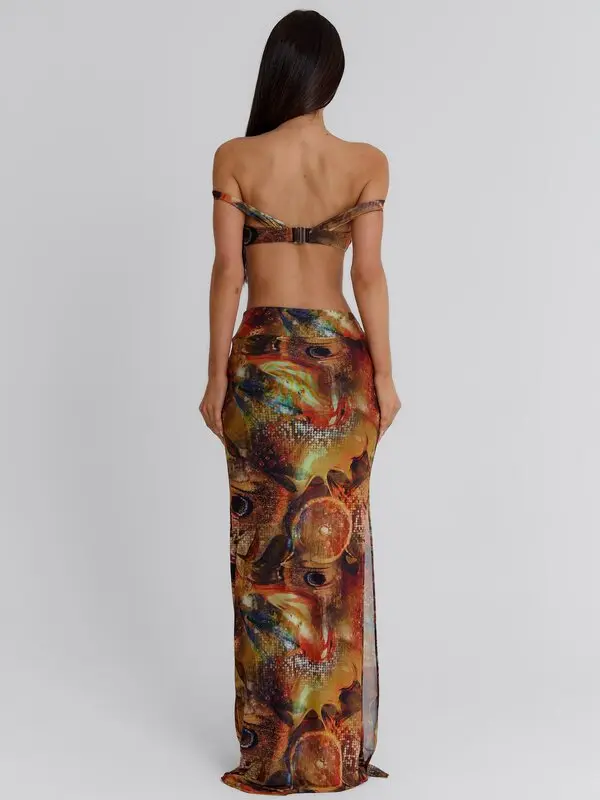 OUTCAST Estrella Crop Top In Talula Printed Mesh Off-shoulder