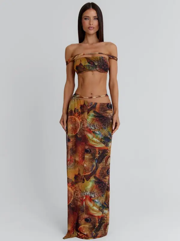 OUTCAST Estrella Crop Top In Talula Printed Mesh Off-shoulder