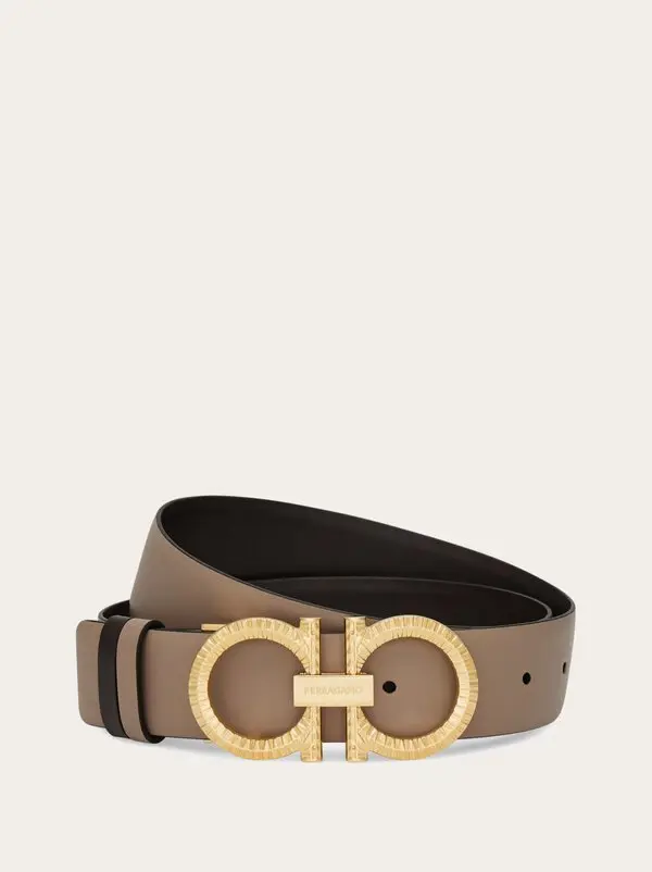 FERRAGAMO Knurled Gancini Reversible And Adjustable Belt - Beige