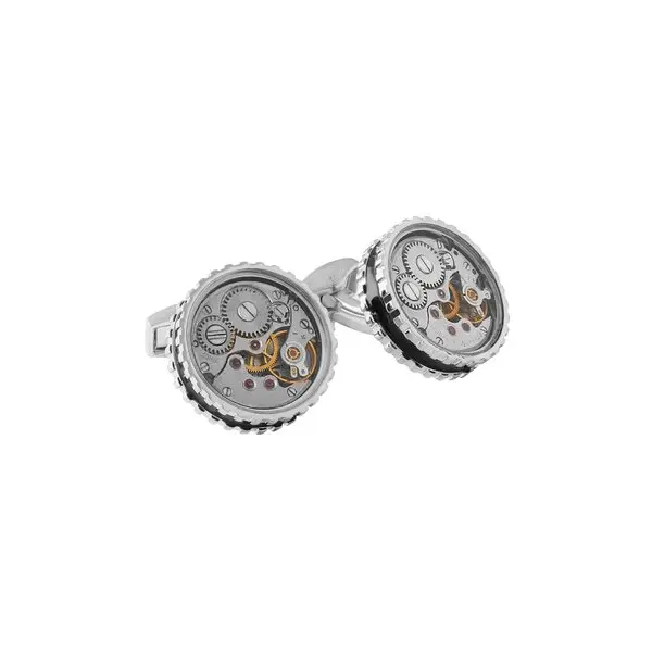 Tateossian Round Skeleton Gear Static Cufflinks With Enamel In Palladium Plated - Black
