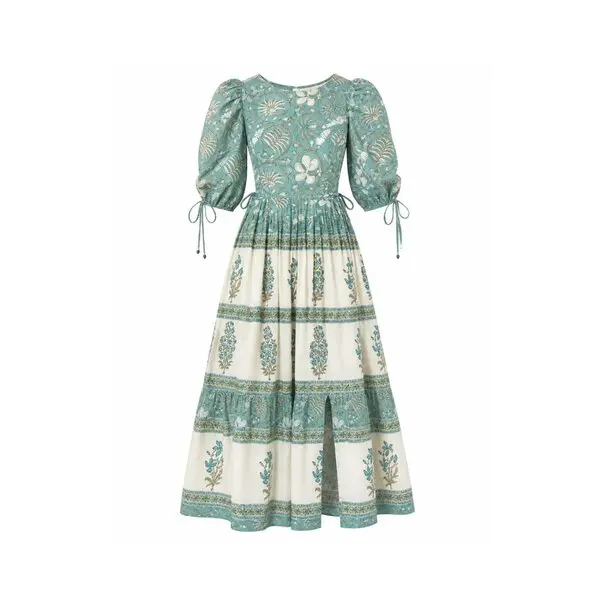 CHARKHA & LOOM Delia Block Print Cotton Maxi Dress - Blue