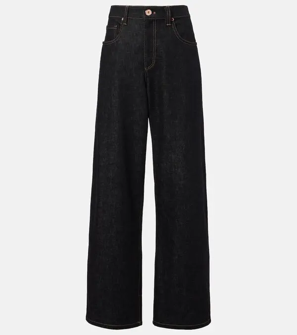 Brunello Cucinelli Leather-trimmed Wide-leg Jeans - Black