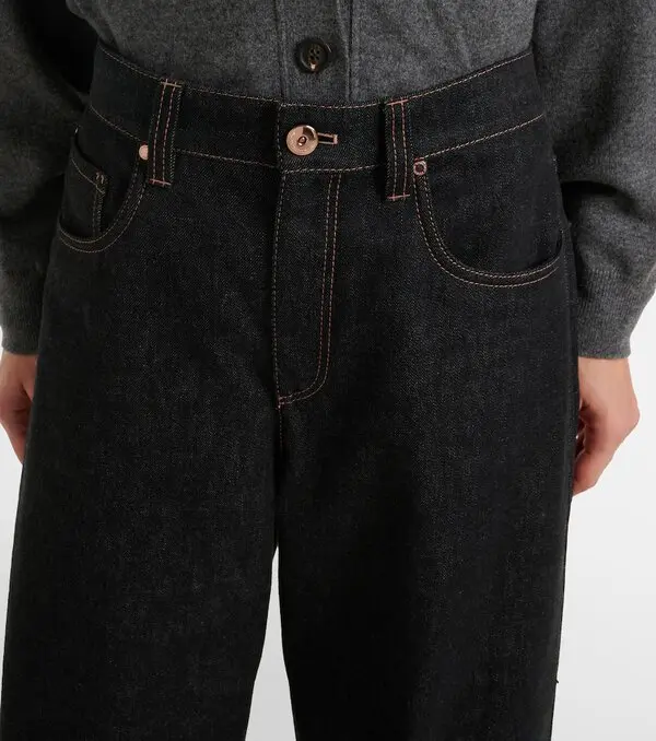 Brunello Cucinelli Leather-trimmed Wide-leg Jeans - Black