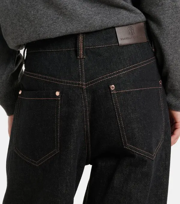 Brunello Cucinelli Leather-trimmed Wide-leg Jeans - Black