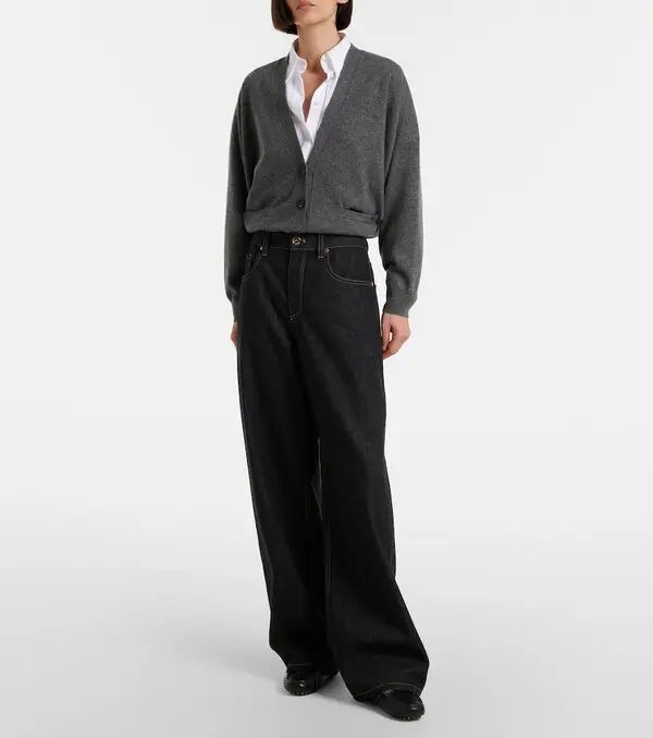 Brunello Cucinelli Leather-trimmed Wide-leg Jeans - Black