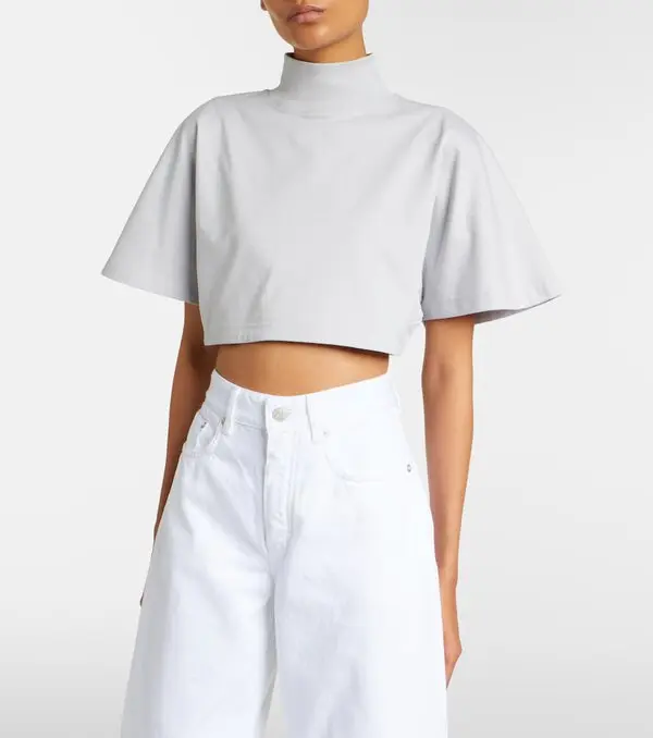 Alaïa Cropped High Neck T-shirt In Gris Perle Cotton