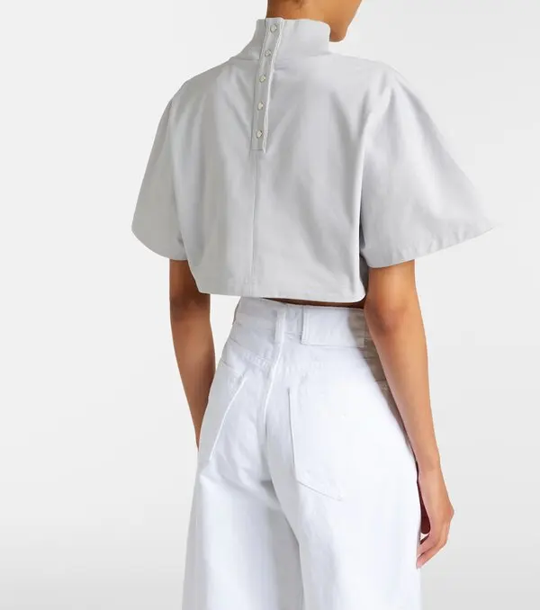 Alaïa Cropped High Neck T-shirt In Gris Perle Cotton