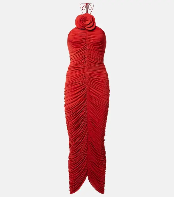 Magda Butrym Floral-appliqué Ruched Jersey Midi Dress - Orange