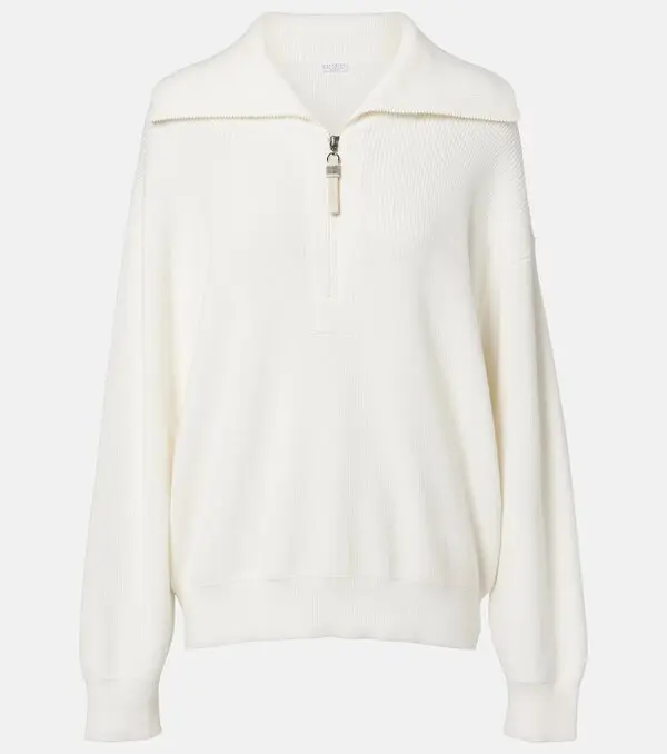 Brunello Cucinelli Monili Oversized Cotton Half-zip Sweater - White
