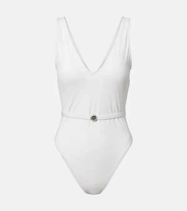 Tory Burch Double T Belted V-neck One-piece Swimsuit - White