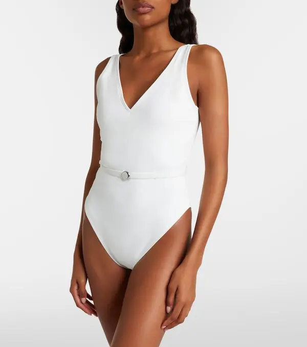Tory Burch Double T Belted V-neck One-piece Swimsuit - White