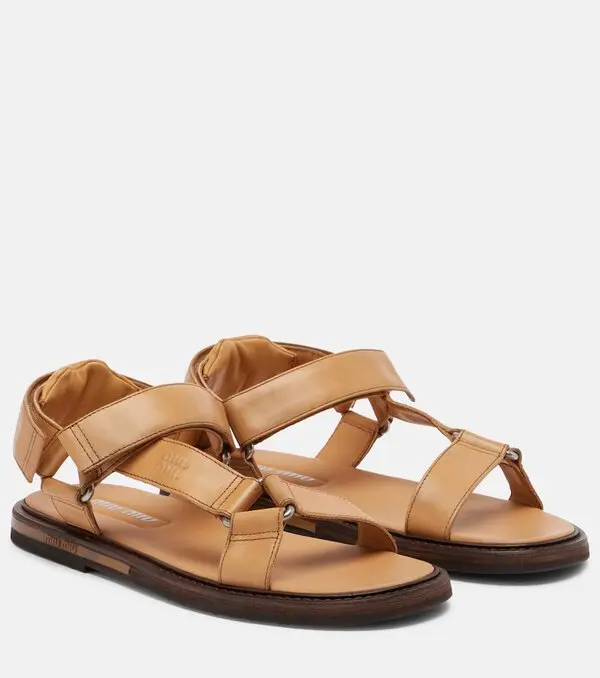 Miu Miu Leather Sandals With Velcro® Fastening - Brown