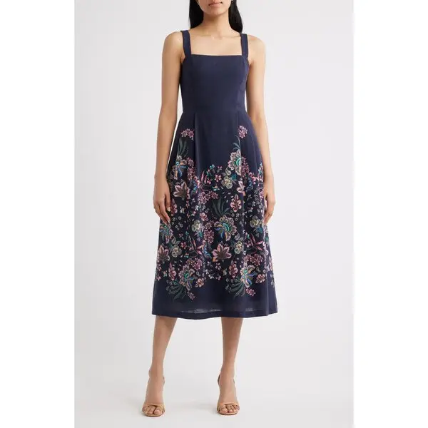 Julia Jordan Floral Print Square Neck Sleeveless Midi Dress - Navy Multi