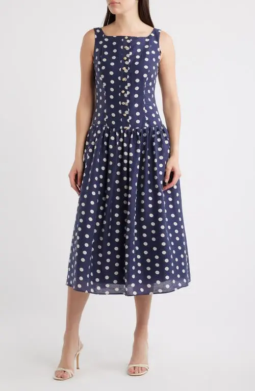 Julia Jordan Sleeveless Polka Dot Square Neck Midi Dress - Navy Multi