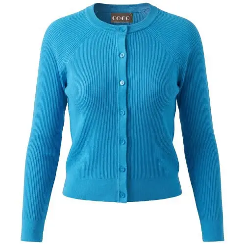 Coco Cropped Rib Knit Raglan Button Cardigan - Blue