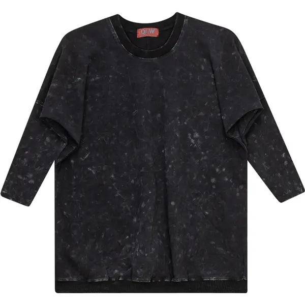 QEW Denim Wash Ribbed Band 3/4 Sleeve Top - Black