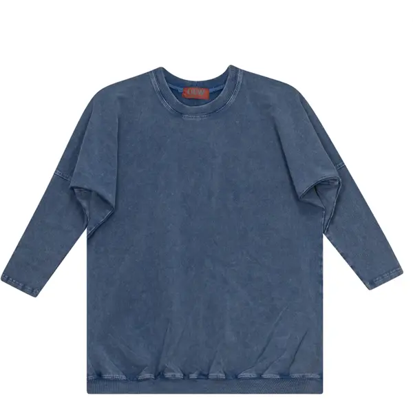 QEW Denim Wash Ribbed Band 3/4 Sleeve Top - Light Denim