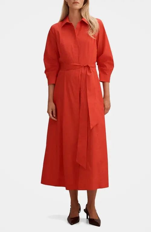 EVER NEW Sally Tie Belt Cotton Midi Shirtdress - Red