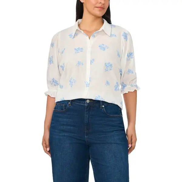 Halogen Embroidered Puff Sleeve Button-up Shirt