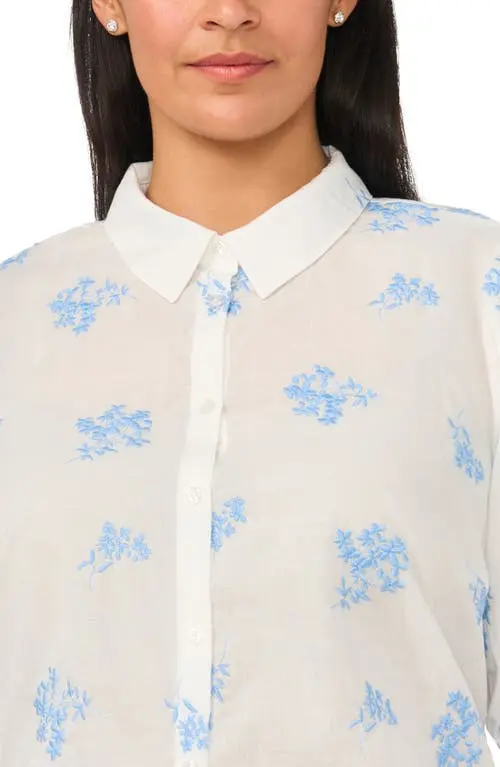 Halogen Embroidered Puff Sleeve Button-up Shirt
