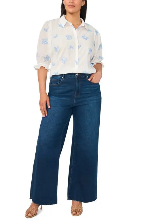 Halogen Embroidered Puff Sleeve Button-up Shirt