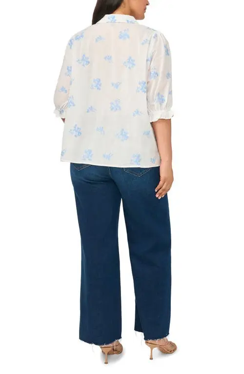 Halogen Embroidered Puff Sleeve Button-up Shirt