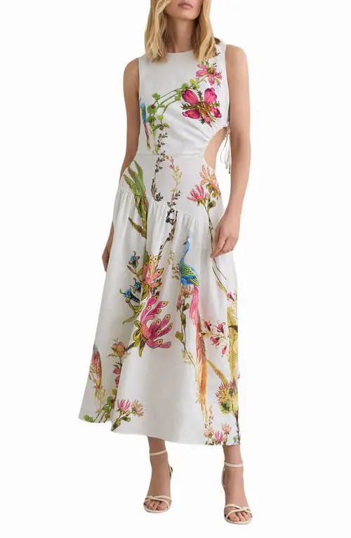 REISS Bianca Floral Side Cutout Drop Waist Midi Dress - Ivory