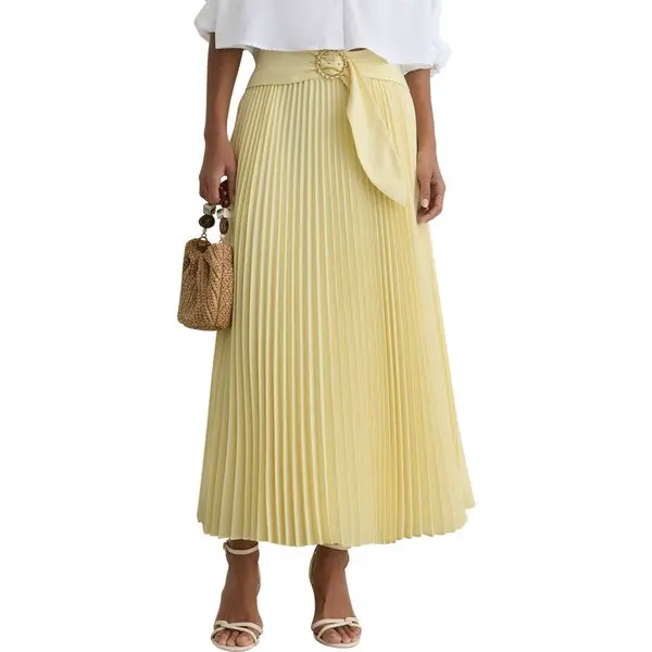 REISS Amelie Belted Pleated Skirt - Yellow