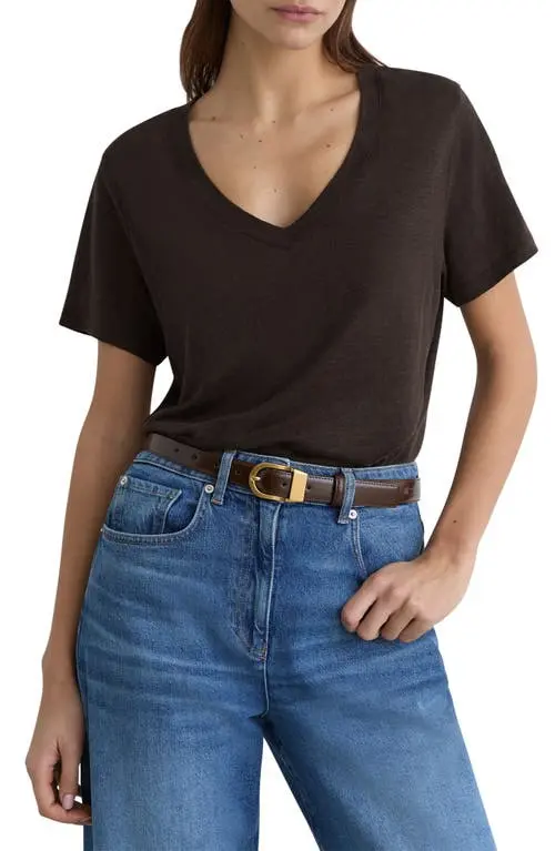 REISS Lola Linen V-neck T-shirt - Chocolate Brown