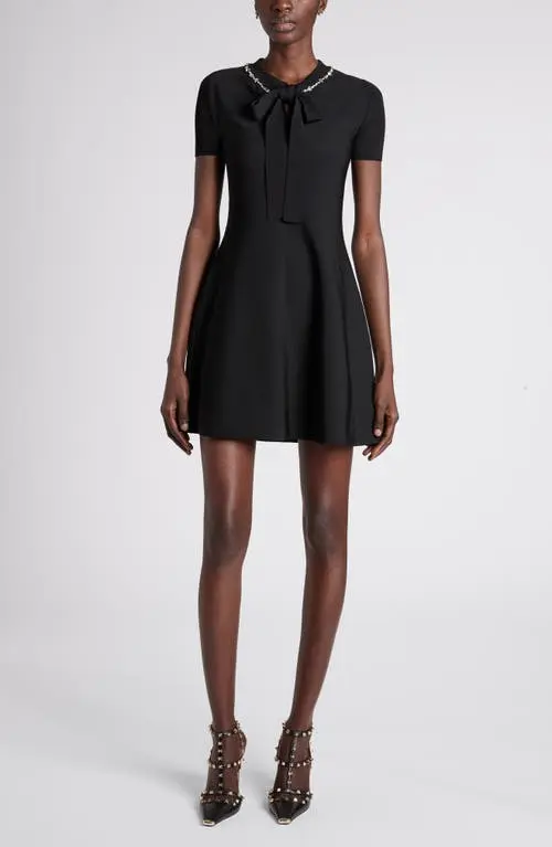 Valentino Garavani Rhinestone Embellished Fit & Flare Mini Sweater Dress - Black