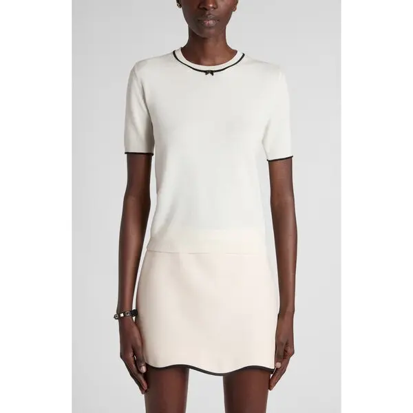 Valentino Garavani Short Sleeve Wool Sweater With V-detail Bow - Ivory/black
