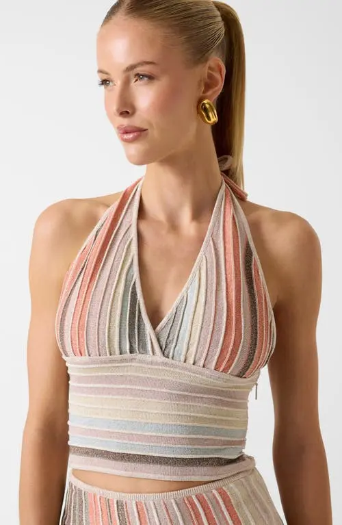 MARCIANO Rosy Stripe Metallic Knit Halter Neck Sweater