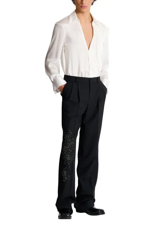 Balmain Pleated Wool Trousers With "sand Effect" Embroidery - Black