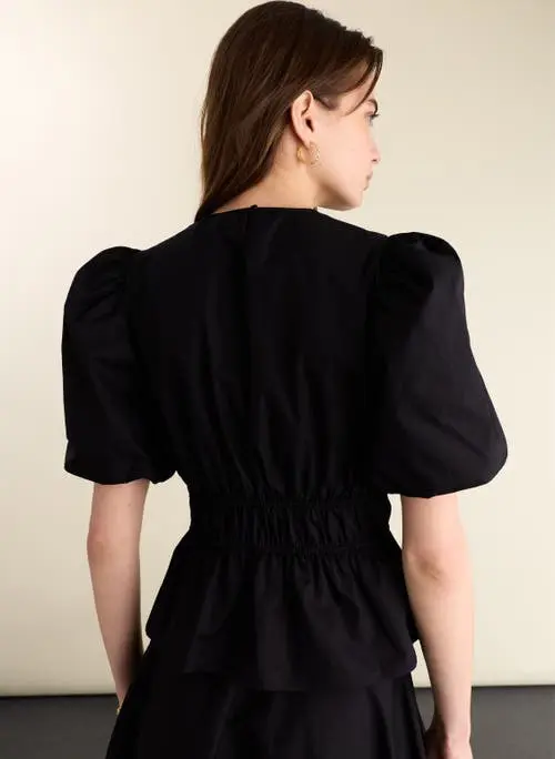 BAUKJEN Elise Puff Sleeve Smocked Waist Top - Caviar Black