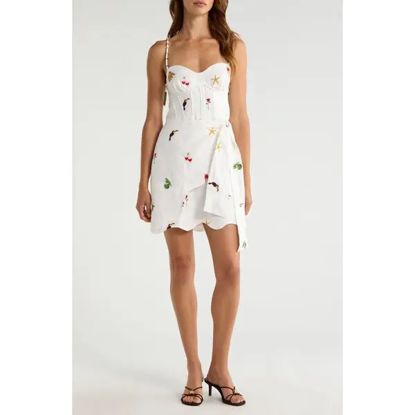 Farm Rio Embroidered Linen Minidress With Tassel Straps - Off-white